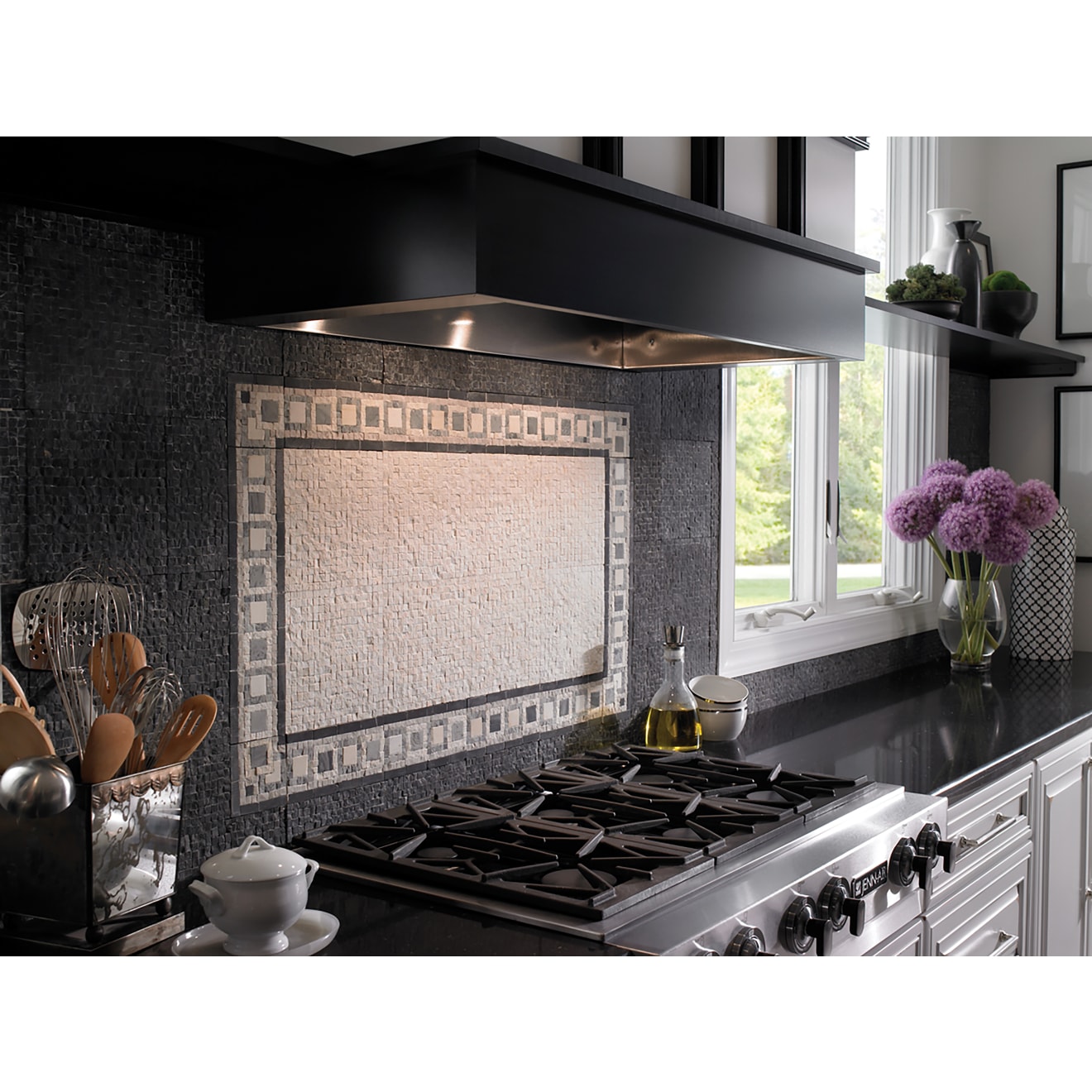 limestone tile backsplash